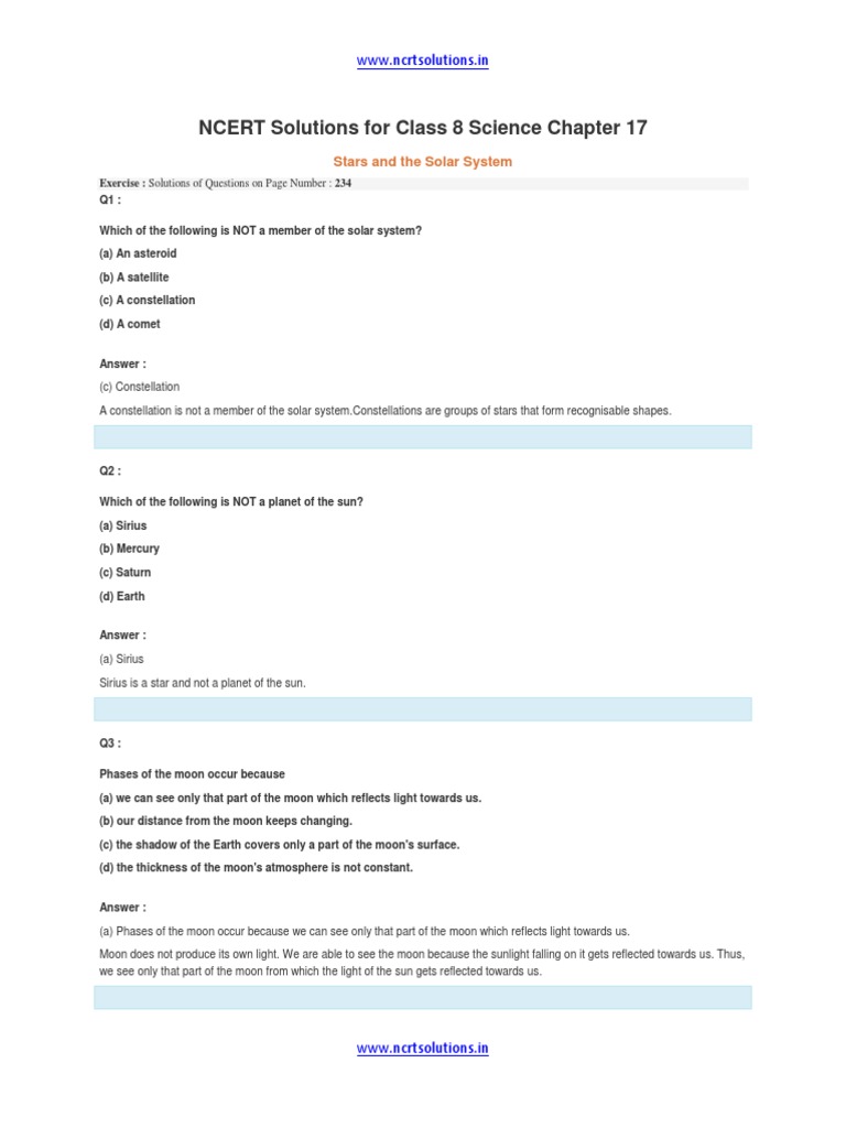 NCERT Solutions For Class 8 Science Chapter 17 | PDF | Solar System | Planets