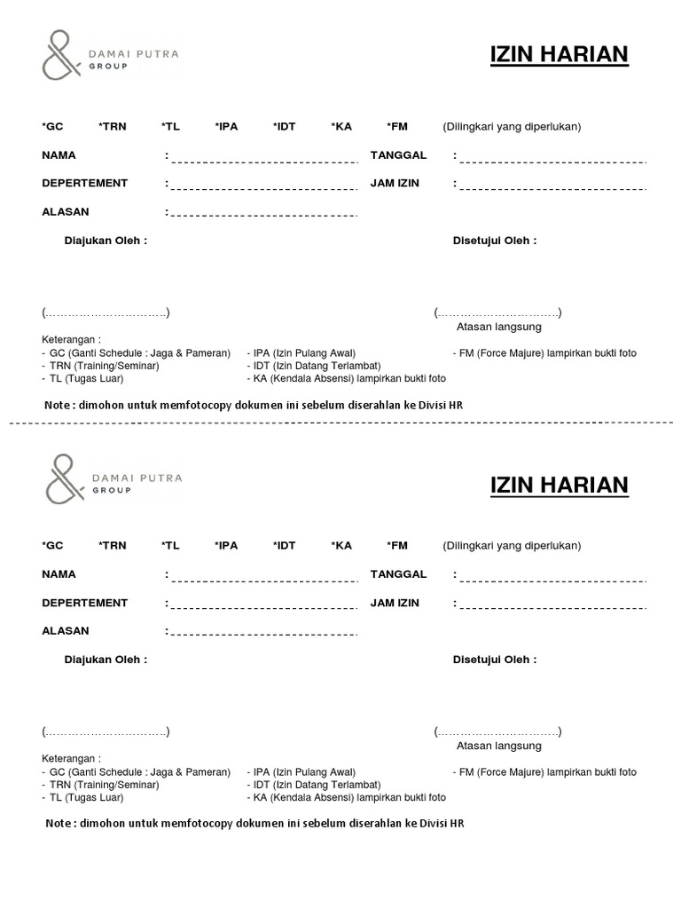 Form Izin Harian (OK) | PDF