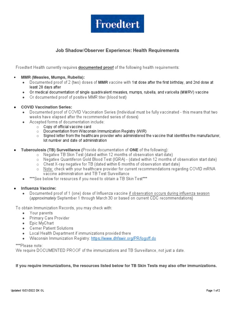 Job Shadow Observer Health Requirements | PDF | Vaccines | Medicine