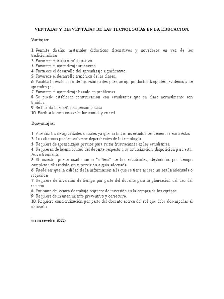 Ventajas y Desventajas de la Tecnología Educativa | PDF | Enseñando ...