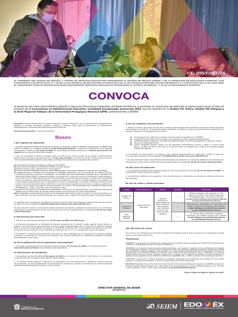 Convocatoria para Personal en Servicio de SEIEM para Ingresar A La Licenciatura en ...