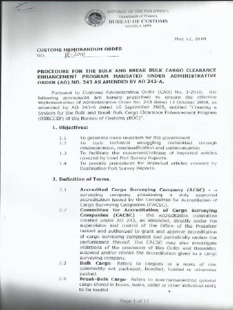 Cmo-18-2010 - Procedure For Bulk and Break Bulk Cargo | PDF