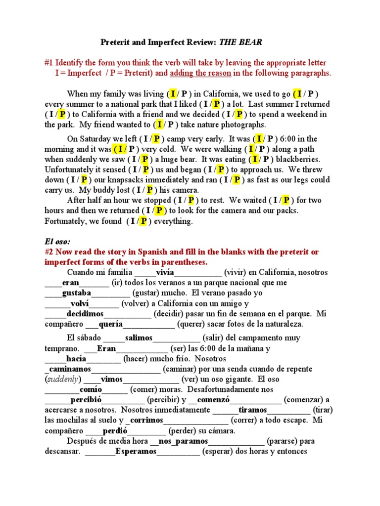 Cuento 2 Preterite and Imperfect Review THE BEAR English & Spanish ...
