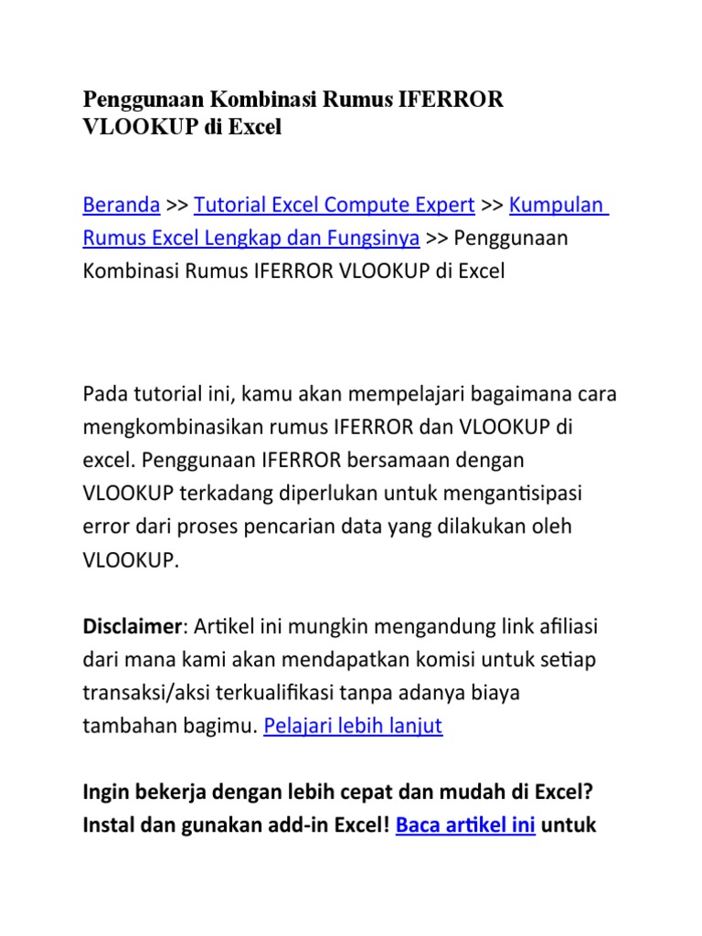 Penggunaan Kombinasi Rumus IFERROR VLOOKUP Di Excel | PDF