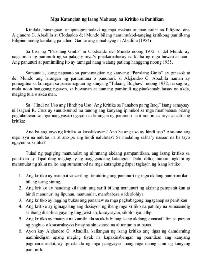 Katangian NG Kritiko | PDF
