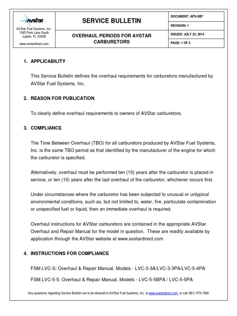 Service Bulletin AFS-SB7 - 1 | PDF | Carburetor