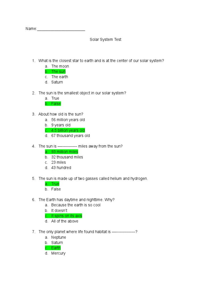Solar System Unit Pretest Post Test Answer Key | PDF | Solar System ...