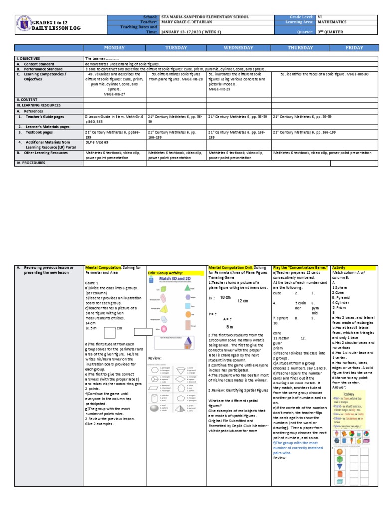 DLL Math Week 1 | PDF | Shape | Area