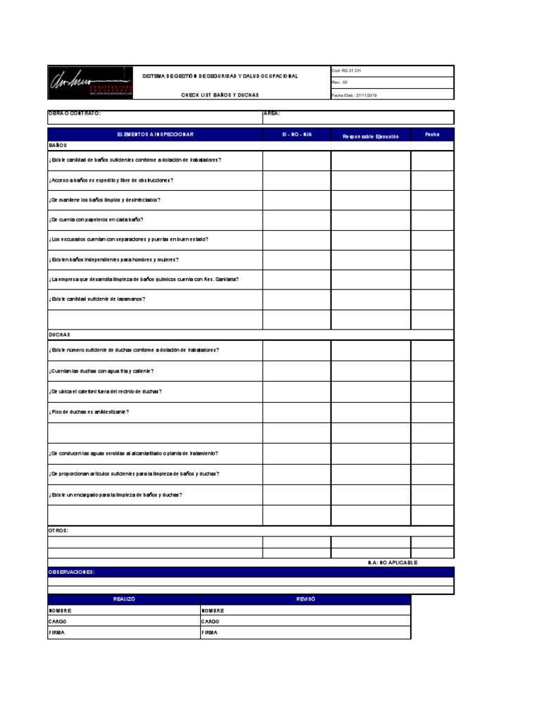 RG 01 CH Check List Baños y Duchas | PDF RG 01 CH Check List Baños y Duchas | PDF