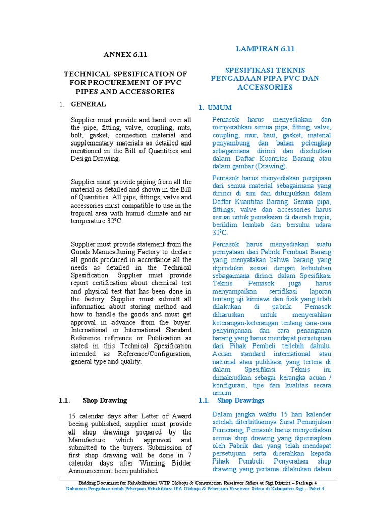 6.11 Annex Technical Spesification of For Procurement of PVC Pipes and Accessories | PDF
