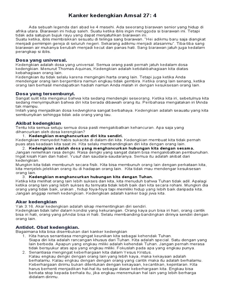 Khotbah Terbaru Kanker Kedengkian Amsal 27 | PDF