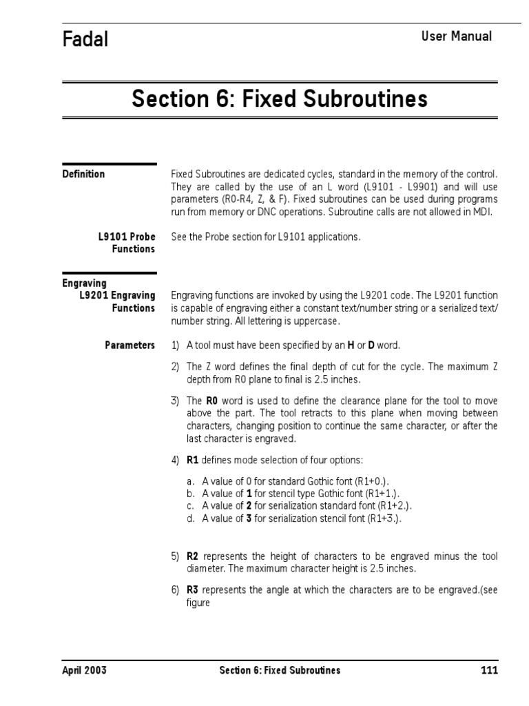 Fadal Fixed Subroutines Guide | PDF | Length | Parameter (Computer ...