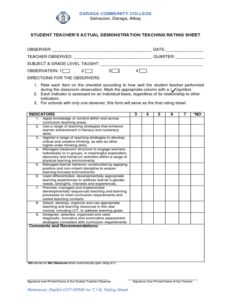 Practice Teaching RATING SHEET | PDF | Learning | Teachers