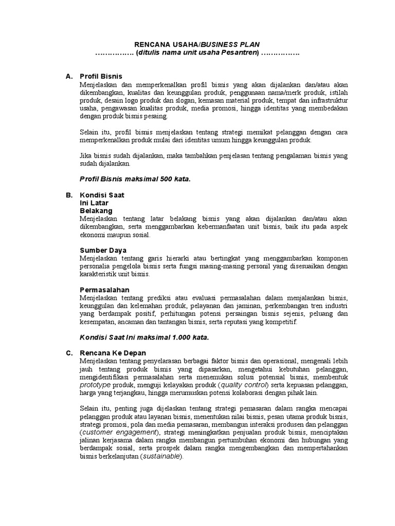 Rencana Usaha Pesantren: Profil dan Timeline | PDF