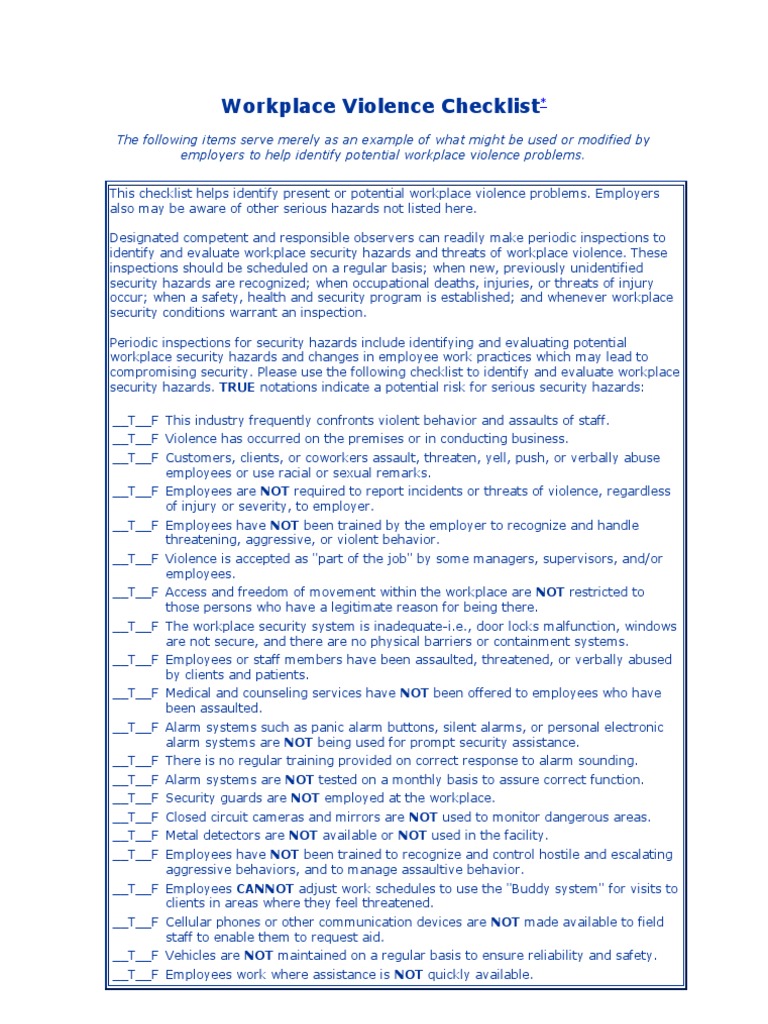 Workplace Violence Checklist | PDF | Violence | Employment
