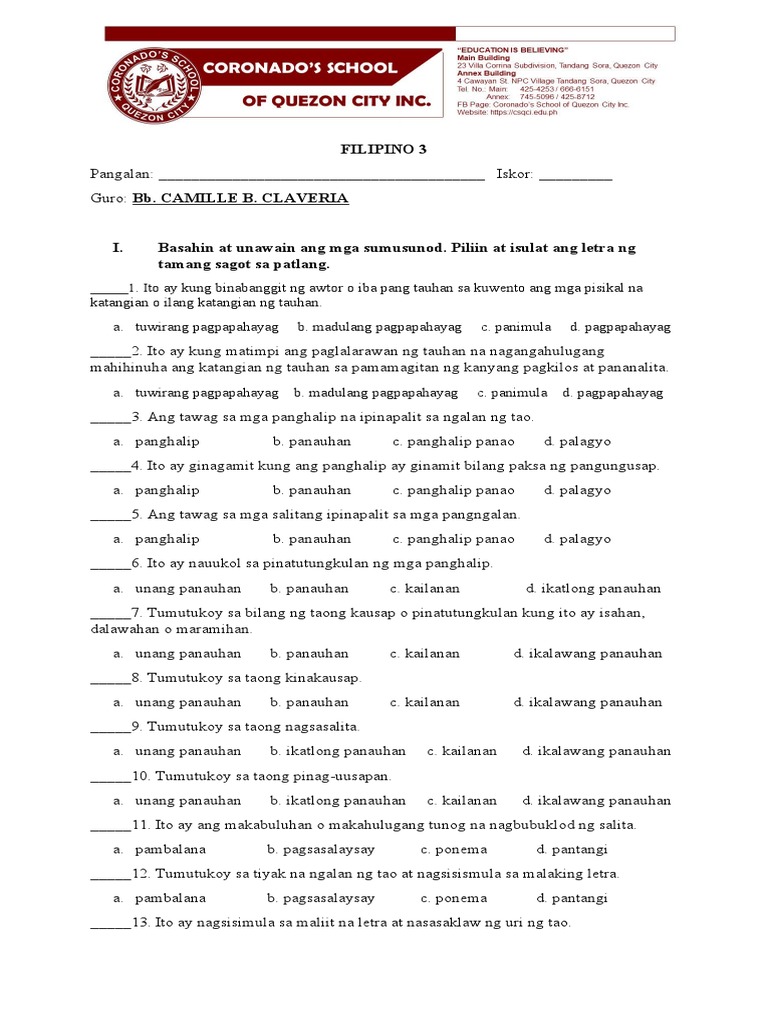 Filipino-3 Second Quarterly Exam | PDF