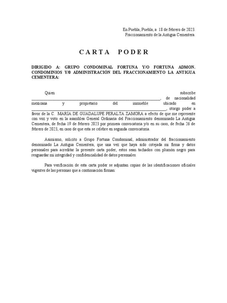 Carta Poder Para Asamblea De Condominio Saenz
