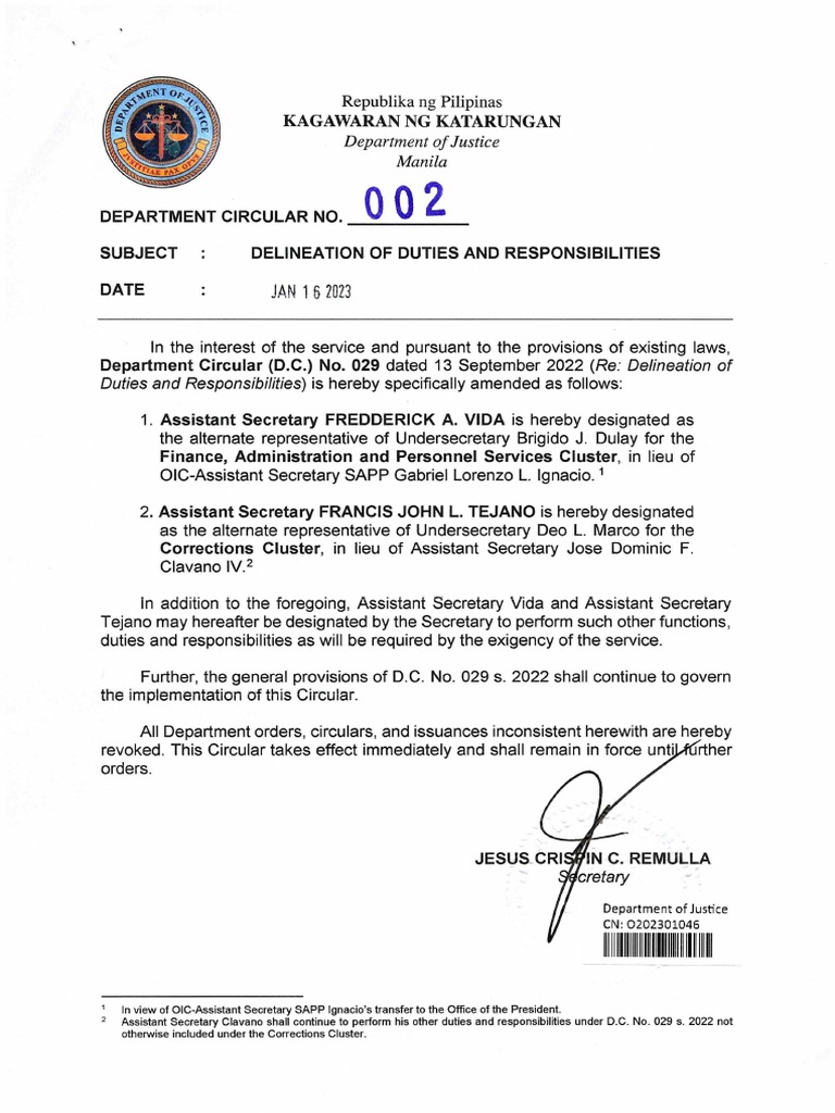 DOJ Circular: Duties & Responsibilities Update | PDF | Government | Justice