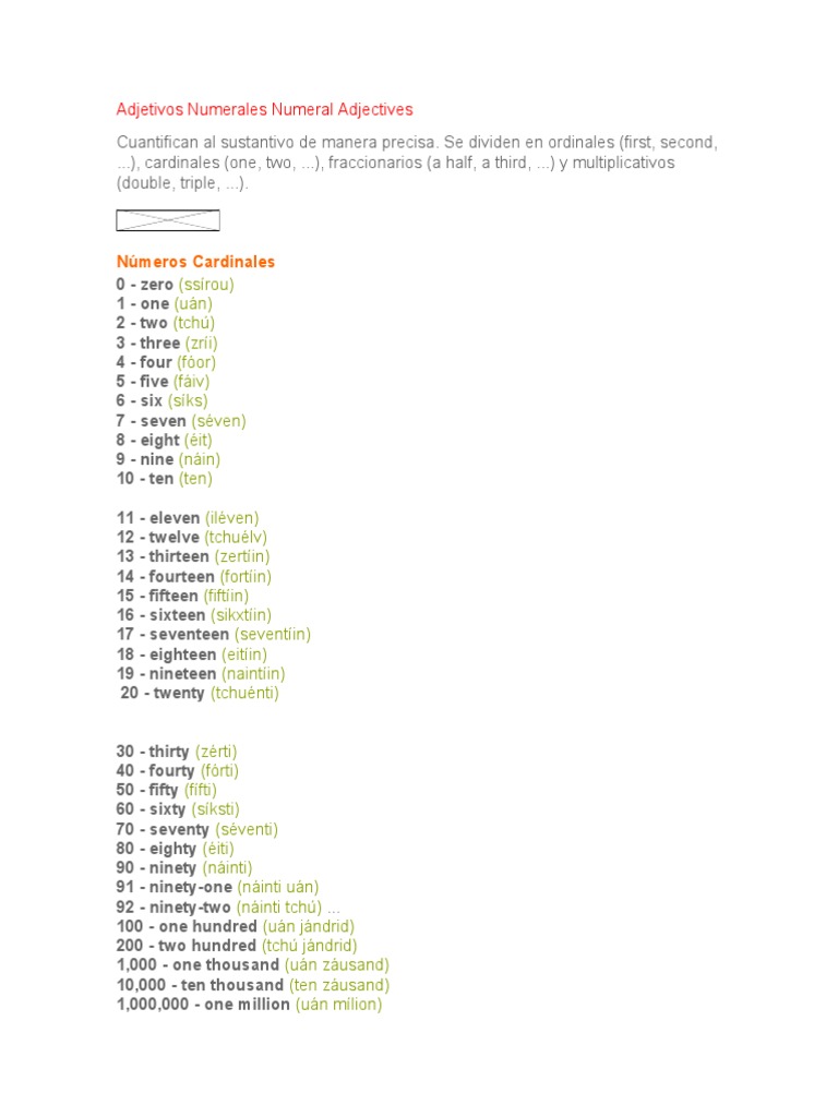 Adjetivos Numerales Numeral Adjectives | PDF | Sintaxis | Unidades ...