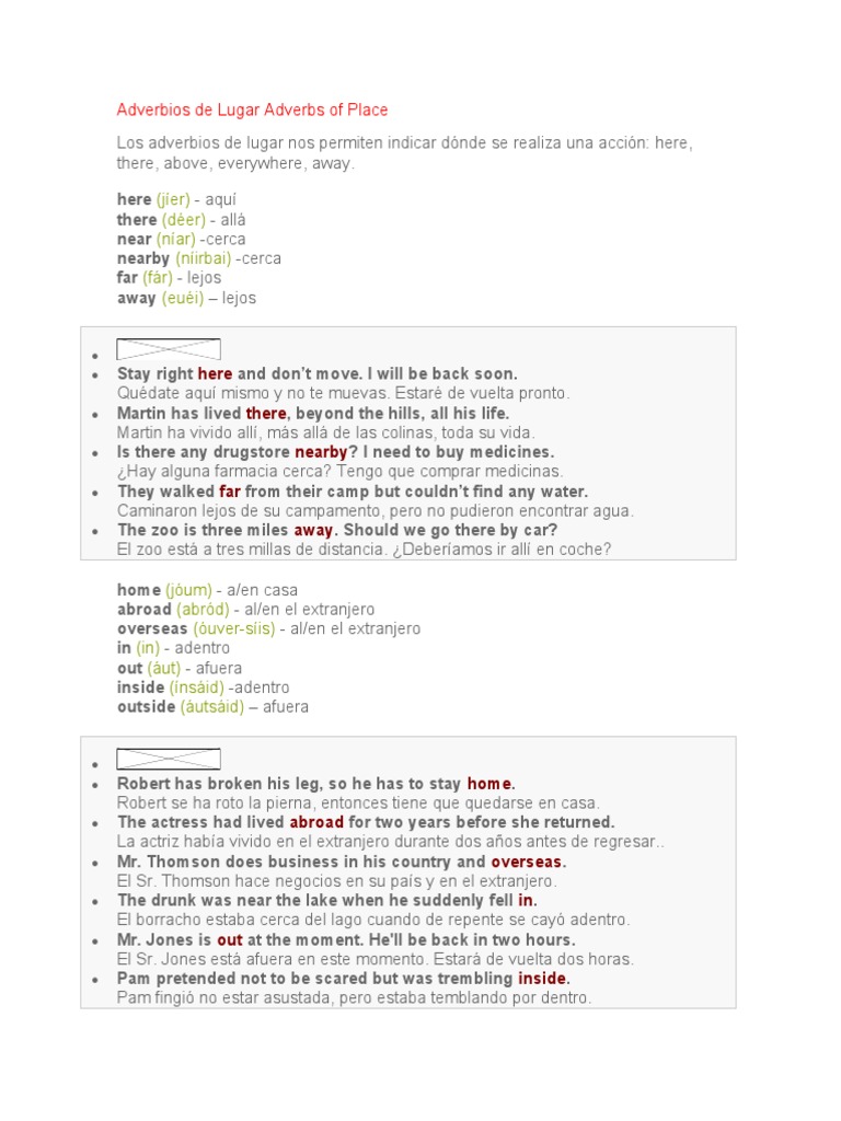 Adverbios de Lugar Adverbs of Place | PDF