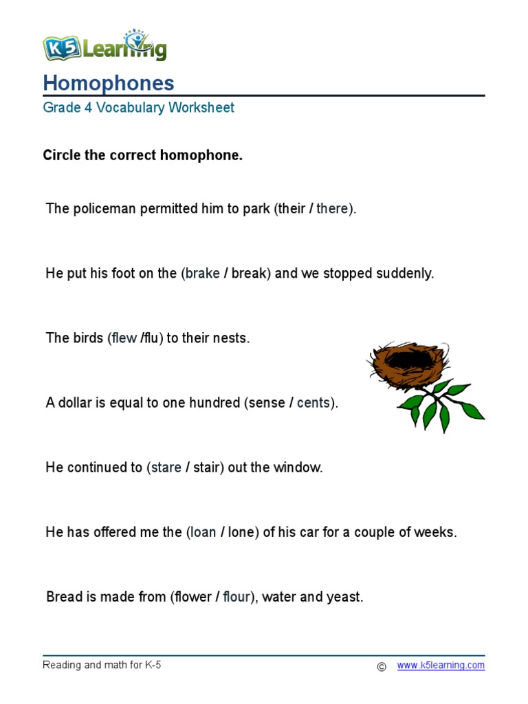 Homophones Worksheets For 4th Grade 4th Grade ELA: Vocabulary