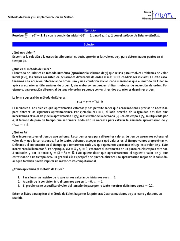 Método de Euler y Su Implementación en Matlab: Ejercicio | PDF | Ecuaciones | Ecuaciones ...