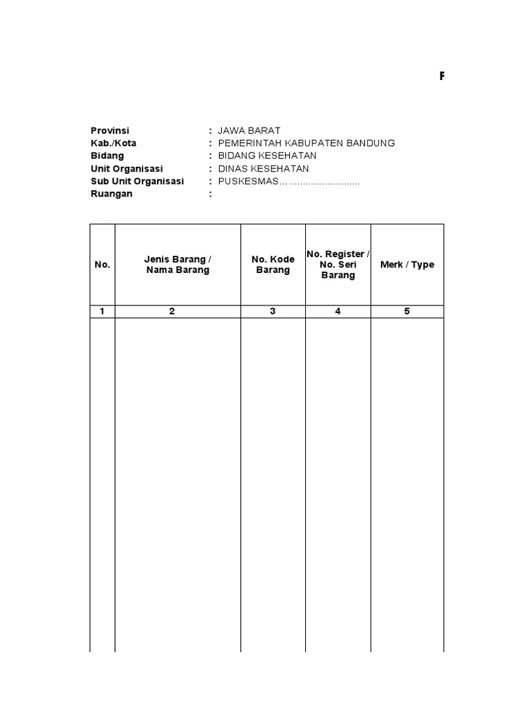 Format Kartu Inventaris Ruangan (KIR) Tahun 2022 (PUSKESMAS) | PDF