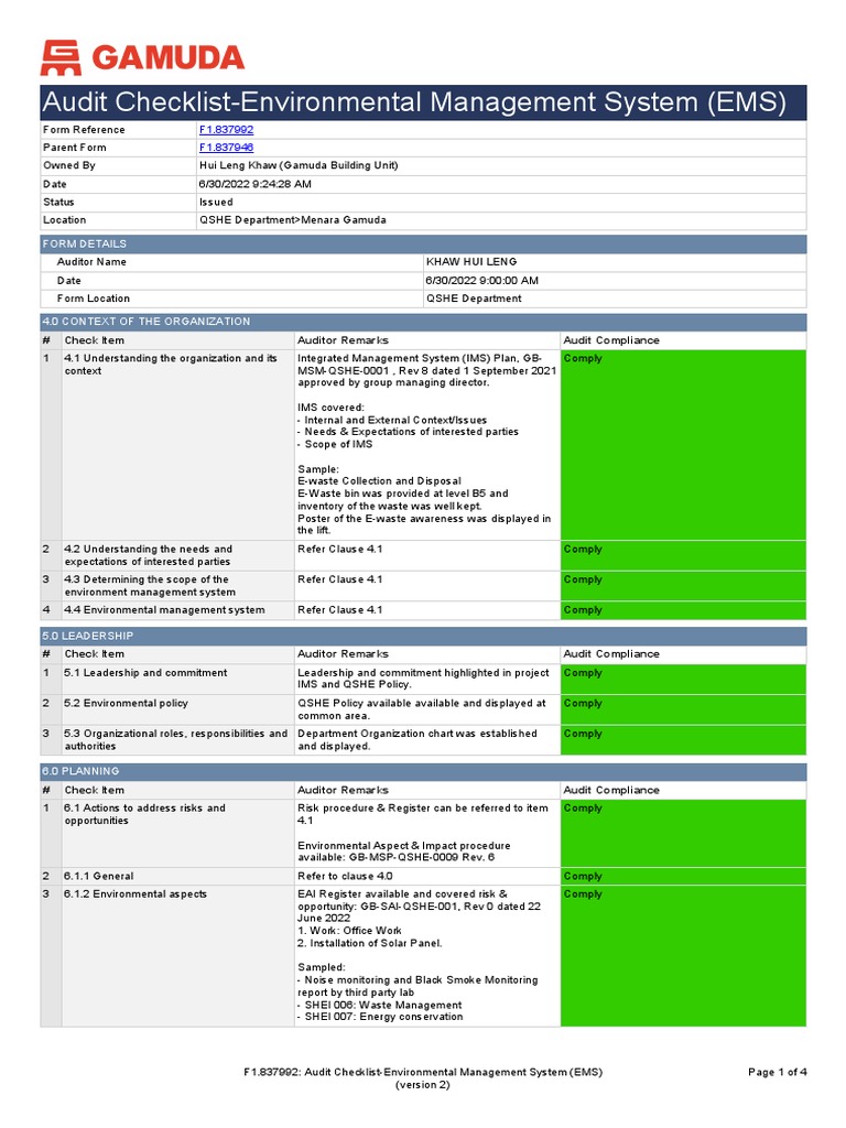EMS Audit Checklist | PDF | Audit | Internal Audit