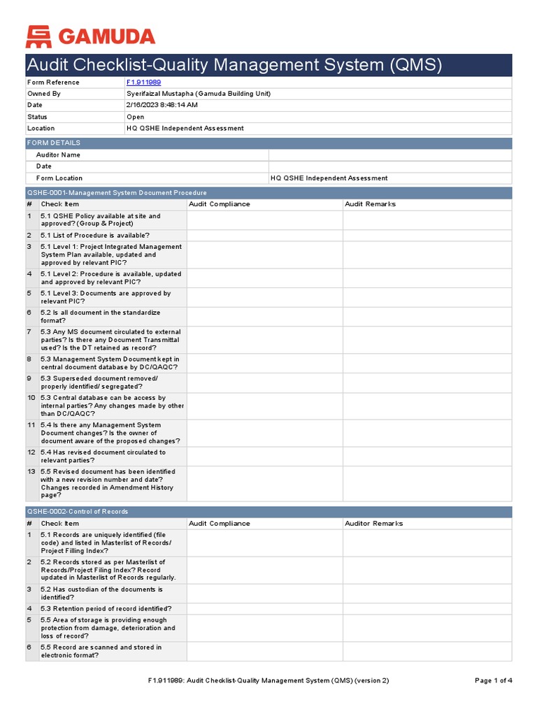 QMS Audit Checklist | PDF | Audit | Information Technology Management