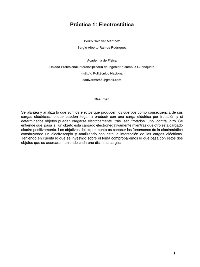 Práctica 1 Electrostática | PDF | Carga eléctrica | Electrostática