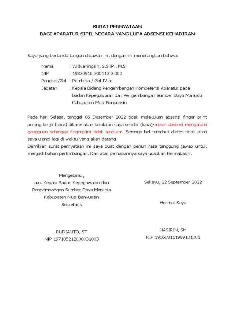 Surat Pernyataan Lupa Absen | PDF