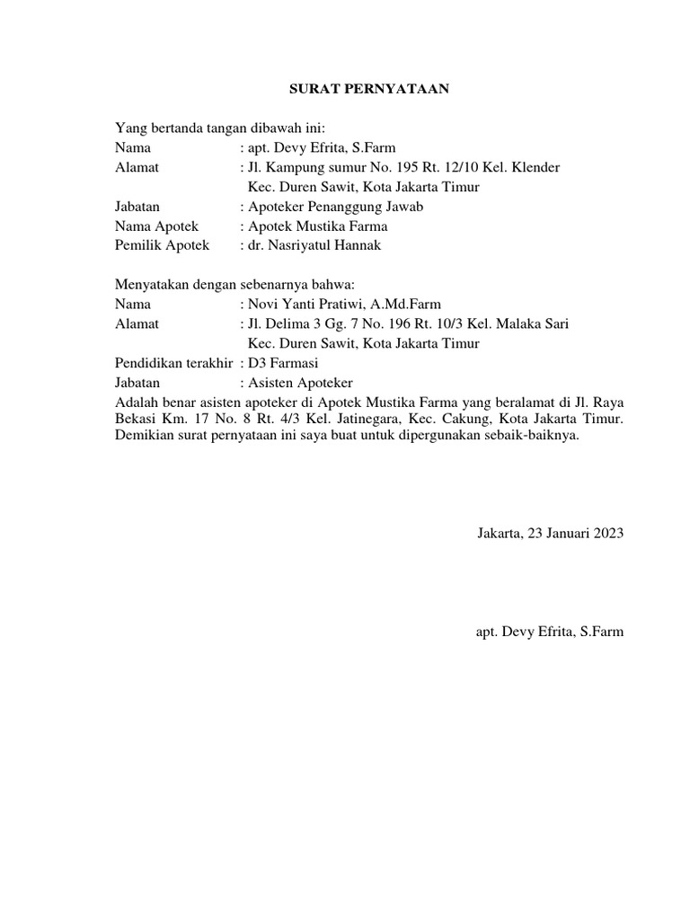 Surat Pernyataan Dari Apt | PDF