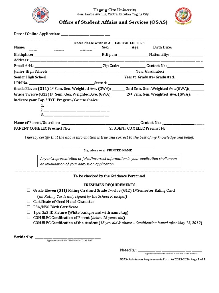 Admission Reqts Form Arf | PDF