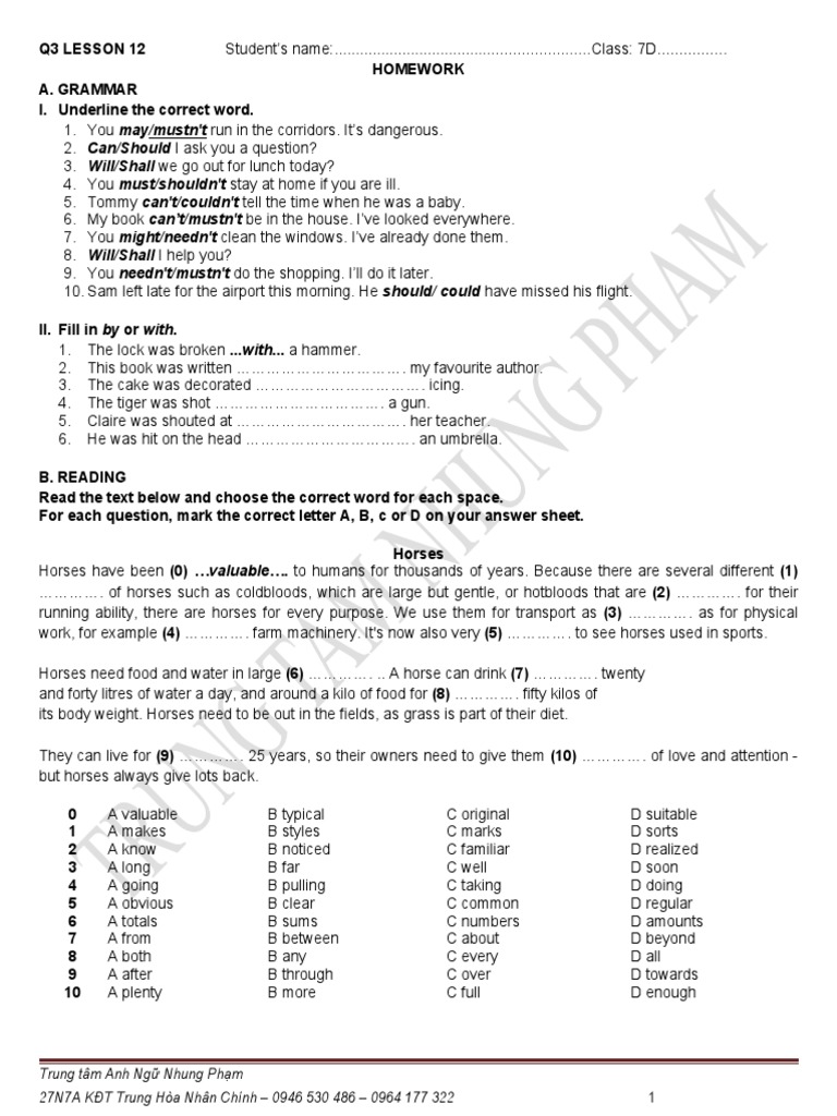 7D Q3 L12 HW | PDF | Horses