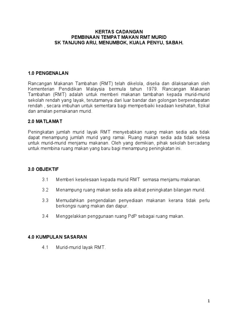 KERTAS Cadangan Pembinaan Tempat Makan RMT | PDF