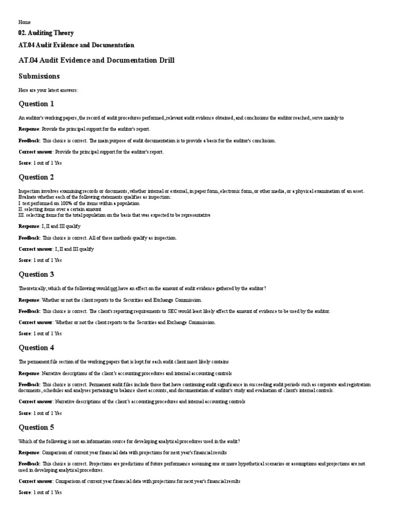 Submissions 02. Auditing Theory AT.04 Audit Evidence and Documentation Drill | PDF | Audit ...