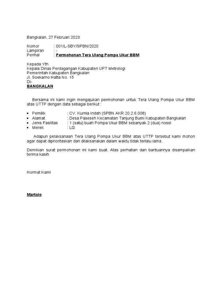 Contoh Surat Permohonan Tera | PDF