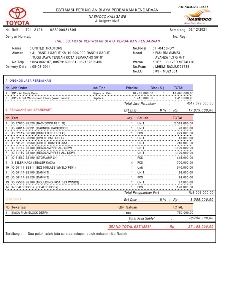 Estimasi Biaya Perbaikan Kendaraan | PDF