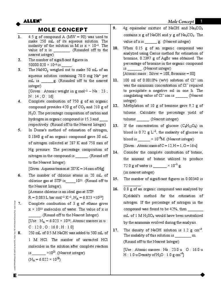 Mole Concept | PDF | Mole (Unit) | Sodium