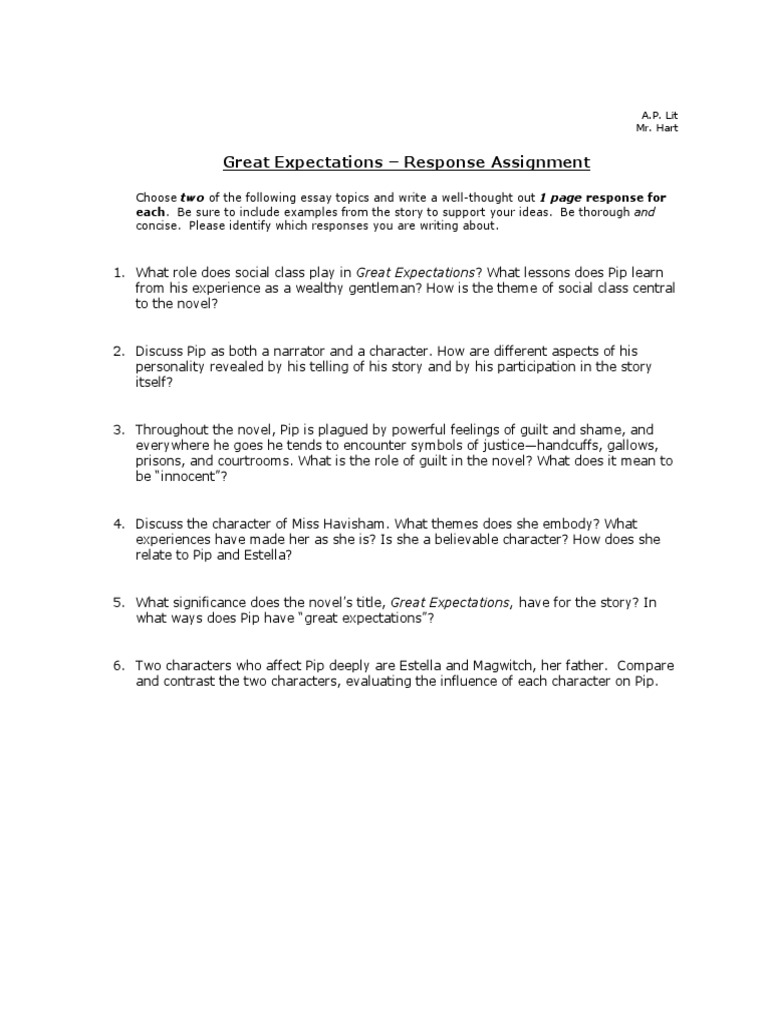 Great Expectations Final Essay Questions | PDF