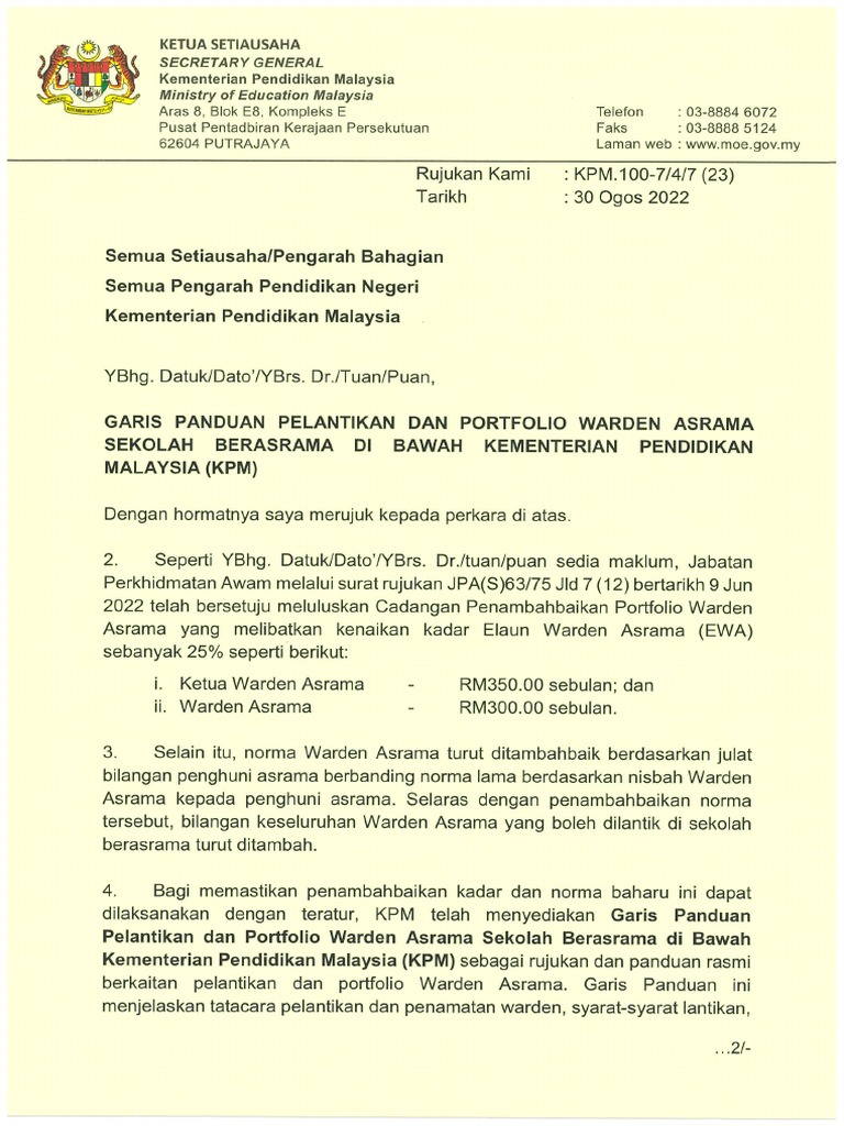 Surat Edaran Garis Panduan Pelantikan Dan Portfolio Warden Asrama | PDF