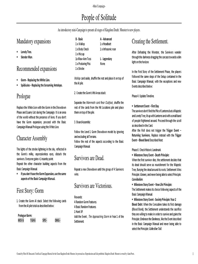 Kingdom Death: Monster Mini Campaign Guide | PDF