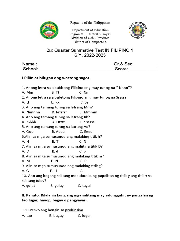 FILIPINO Summativ Test Second Quarter 2022 2023 | PDF