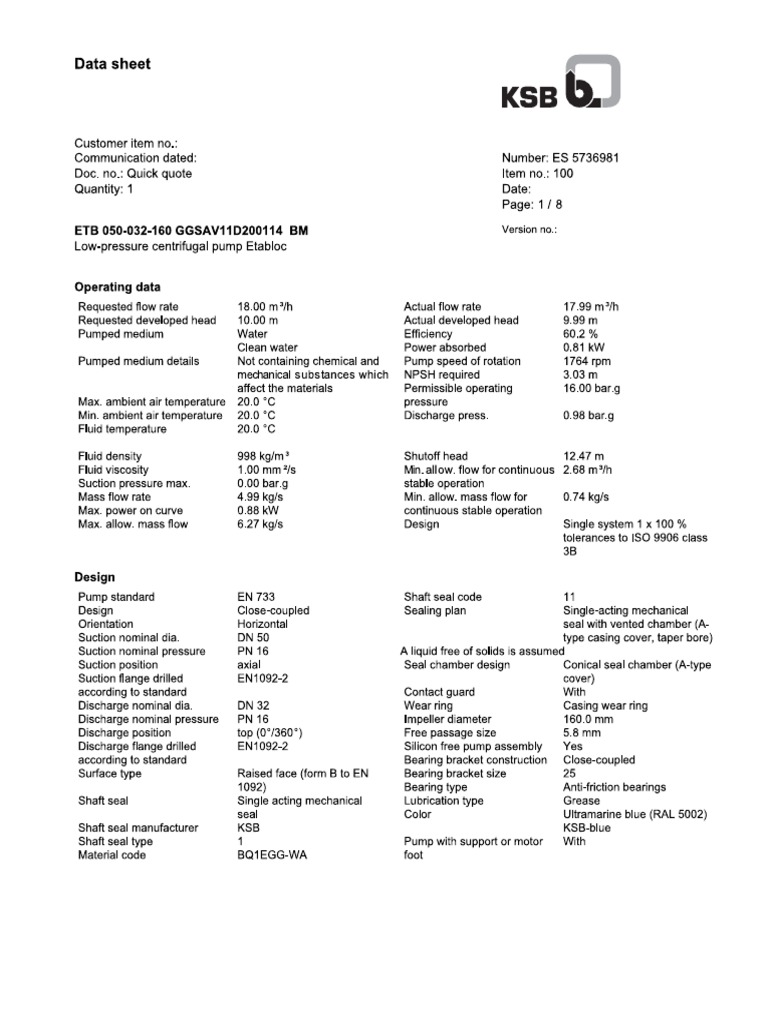 KSB 050-032-160 Eje Libre 1800 RPM | PDF