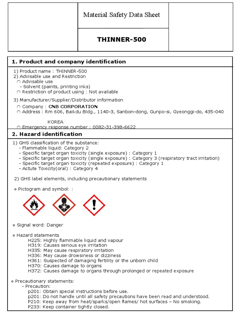 CNBM-500 Thinner MSDS | PDF | Toxicity | Working Conditions