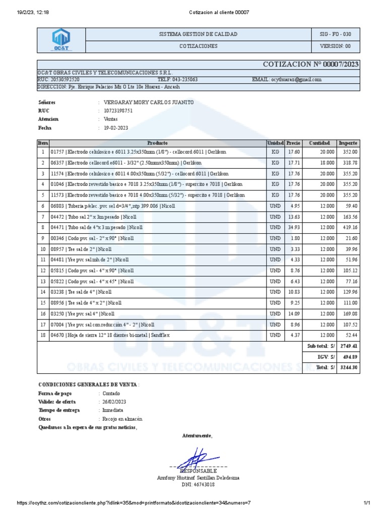 Cotizacion Al Cliente 00007 - VERGARAY MORY CARLOS JUANITO | PDF