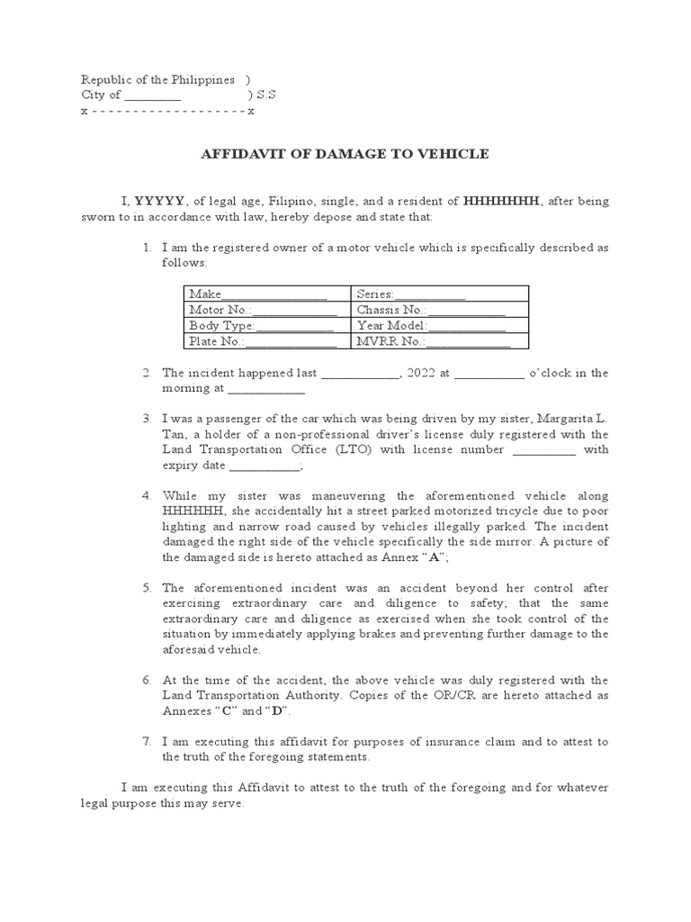 AFFIDAVIT of DAMAGE To VEHICLE - Self Accident - Affidavit of Owner ...