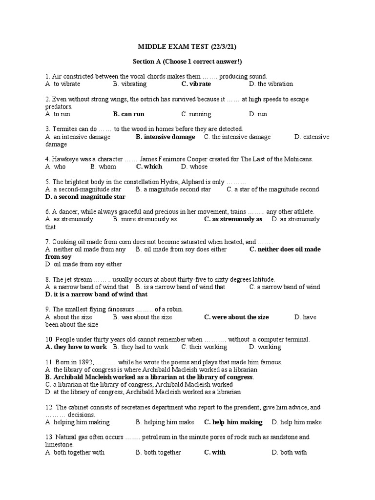Middle Exam Test (22/3/21) - Multiple Choice and Sentence Correction ...