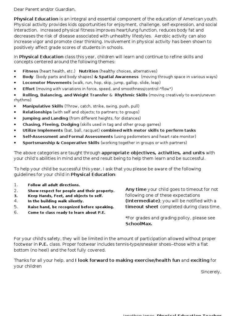 Physical Education Parent Letter | PDF | Physical Education | Physical ...