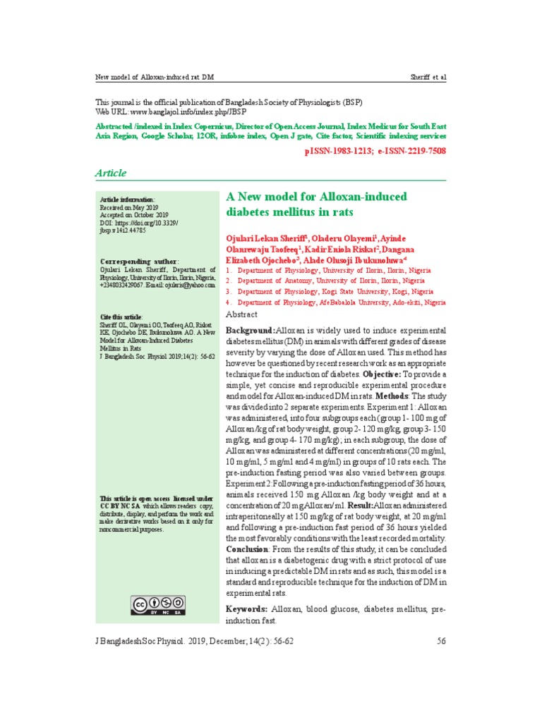 A New Model For Alloxan-Induced Diabetes Mellitus in Rats: Article ...